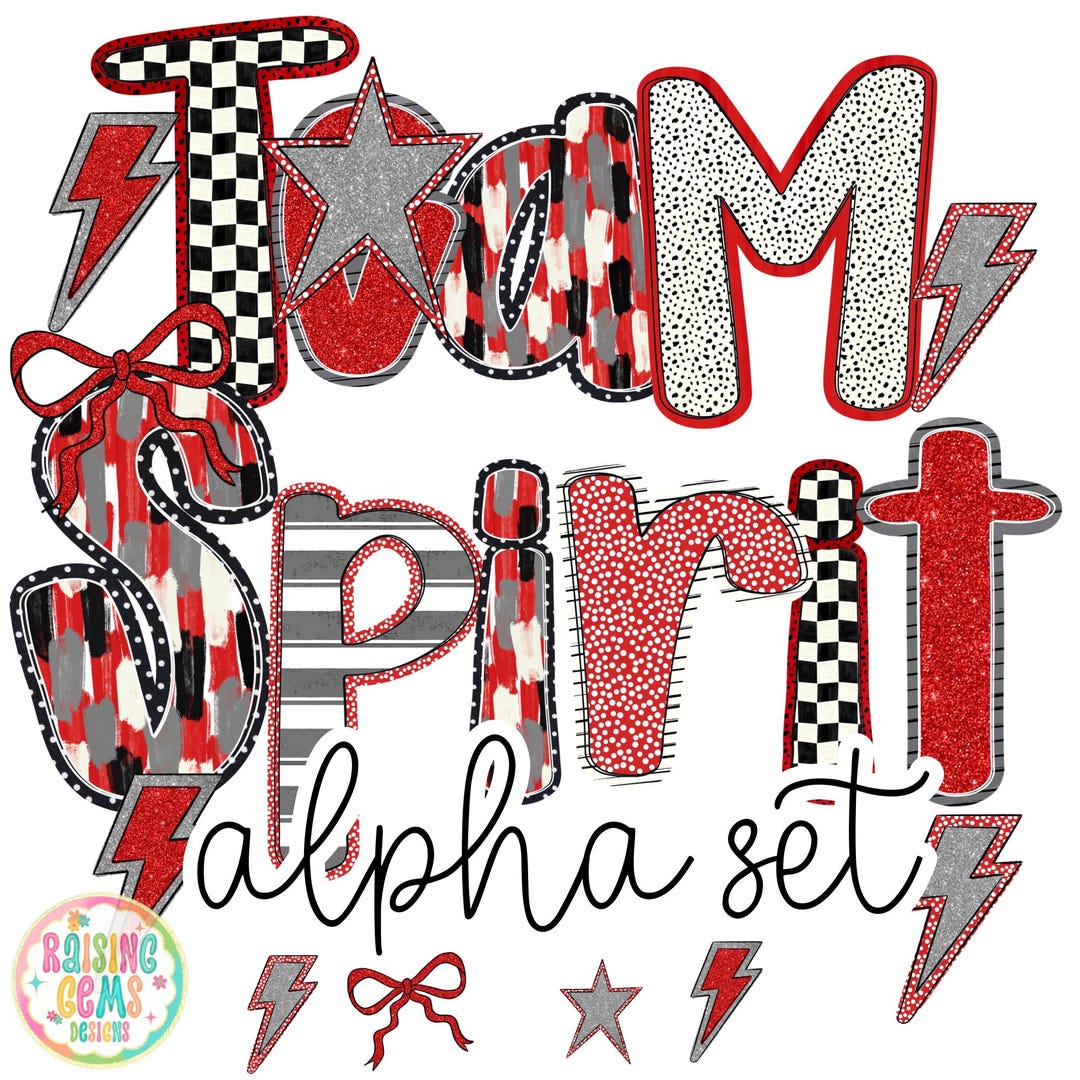 Hand Lettered Alpha Red and Gray, Digital Download PNG, Team Spirit ...