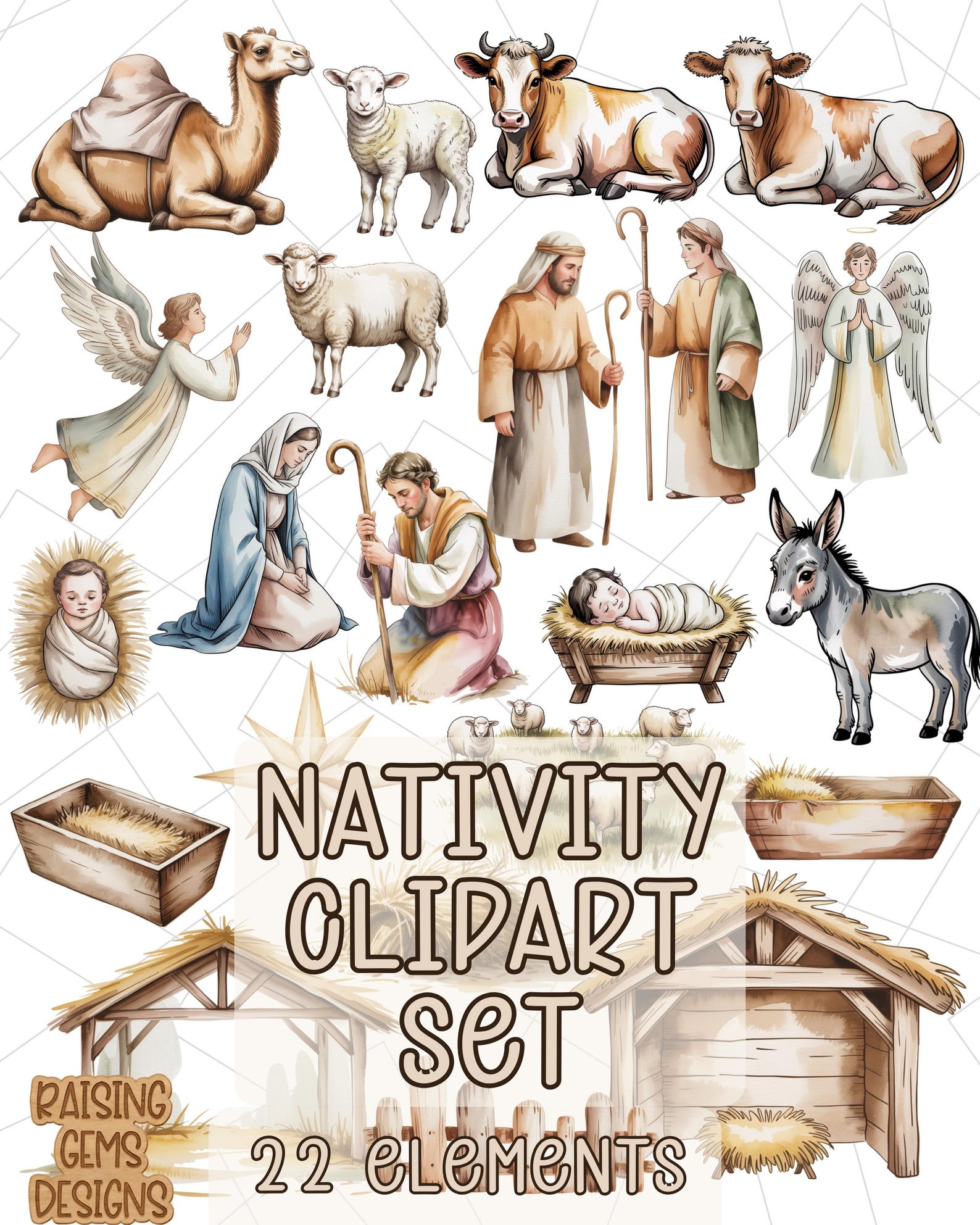 Watercolor Nativity Clipart, Sweet Christmas PNG, Rustic Holiday ...