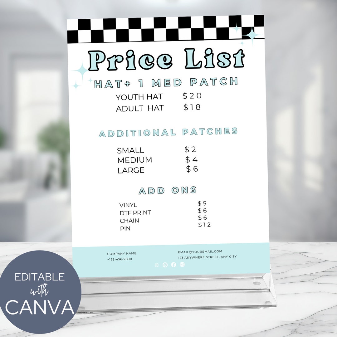 Price List for Trucker Hat Bar Editable, Customizable on Canva, Price ...