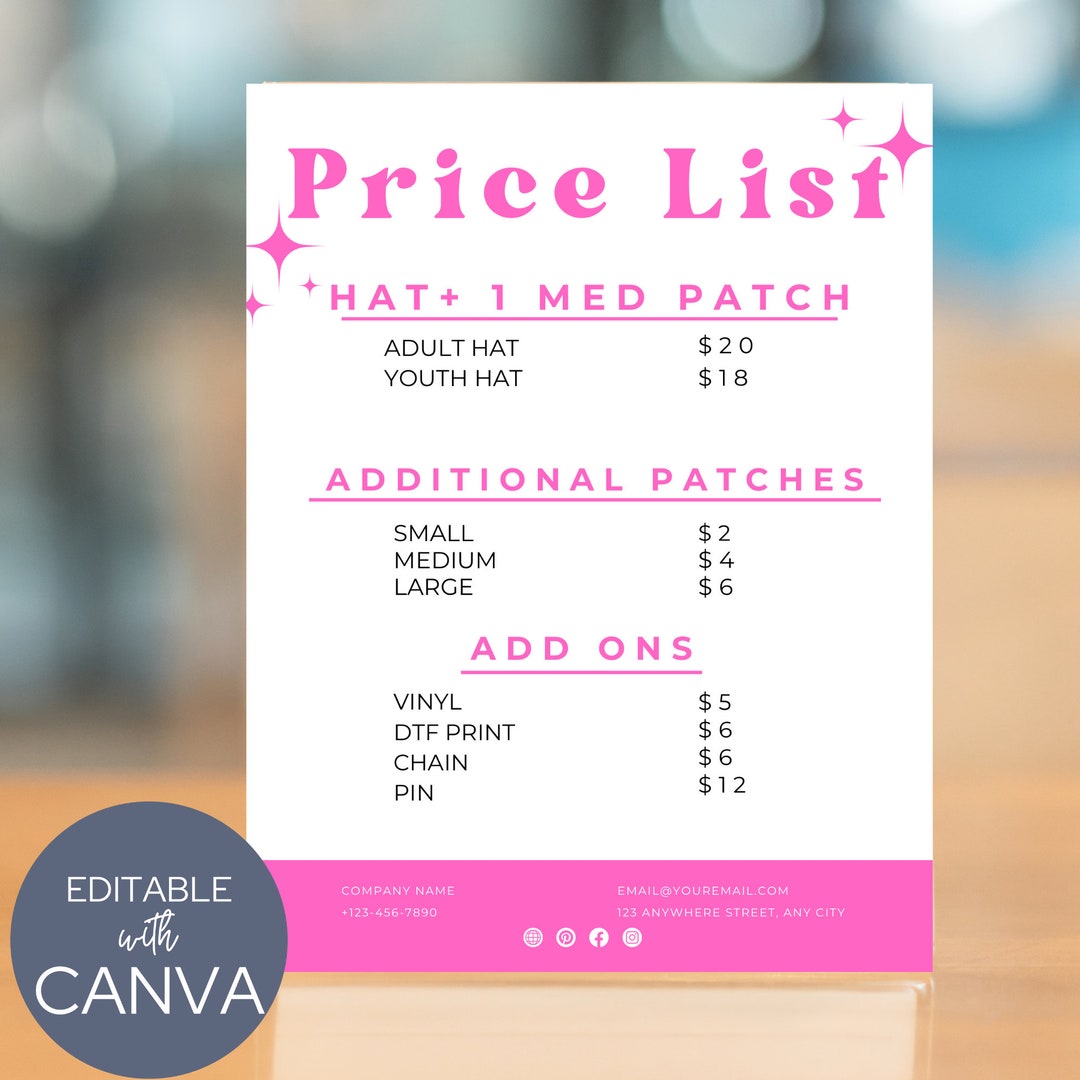 Price List for Trucker Hat Bar Editable, Customizable on Canva, Pink ...