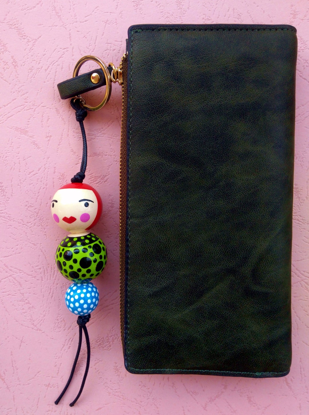 Wood Key Ring & Bag Accessory Kokeshi Doll Inspired by Kusama Art Blue ...