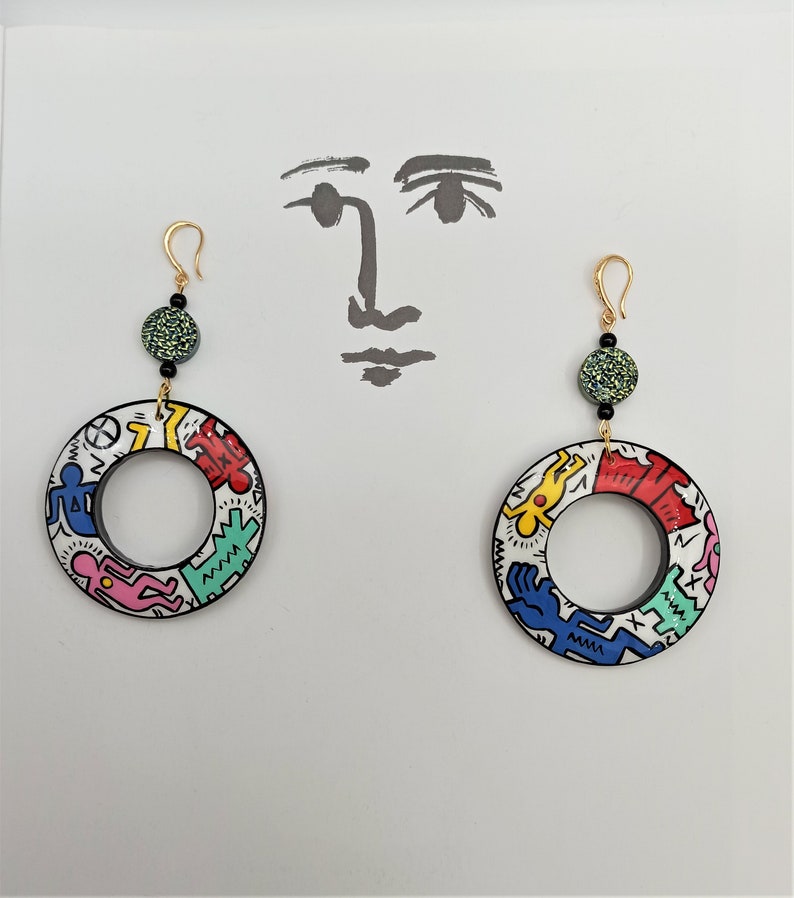 Wooden Painted Earrings Inspired by Keith Haring.donut Dangle | Etsy