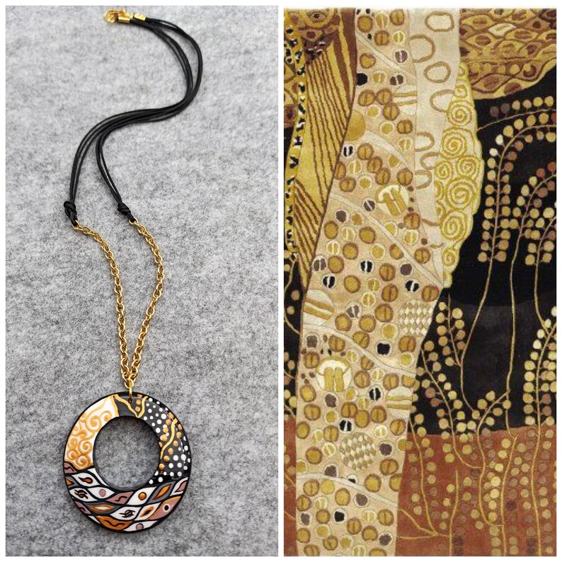 Painted Pendant From Wood Inspired by Gustav Klimt Art. Gold Black ...