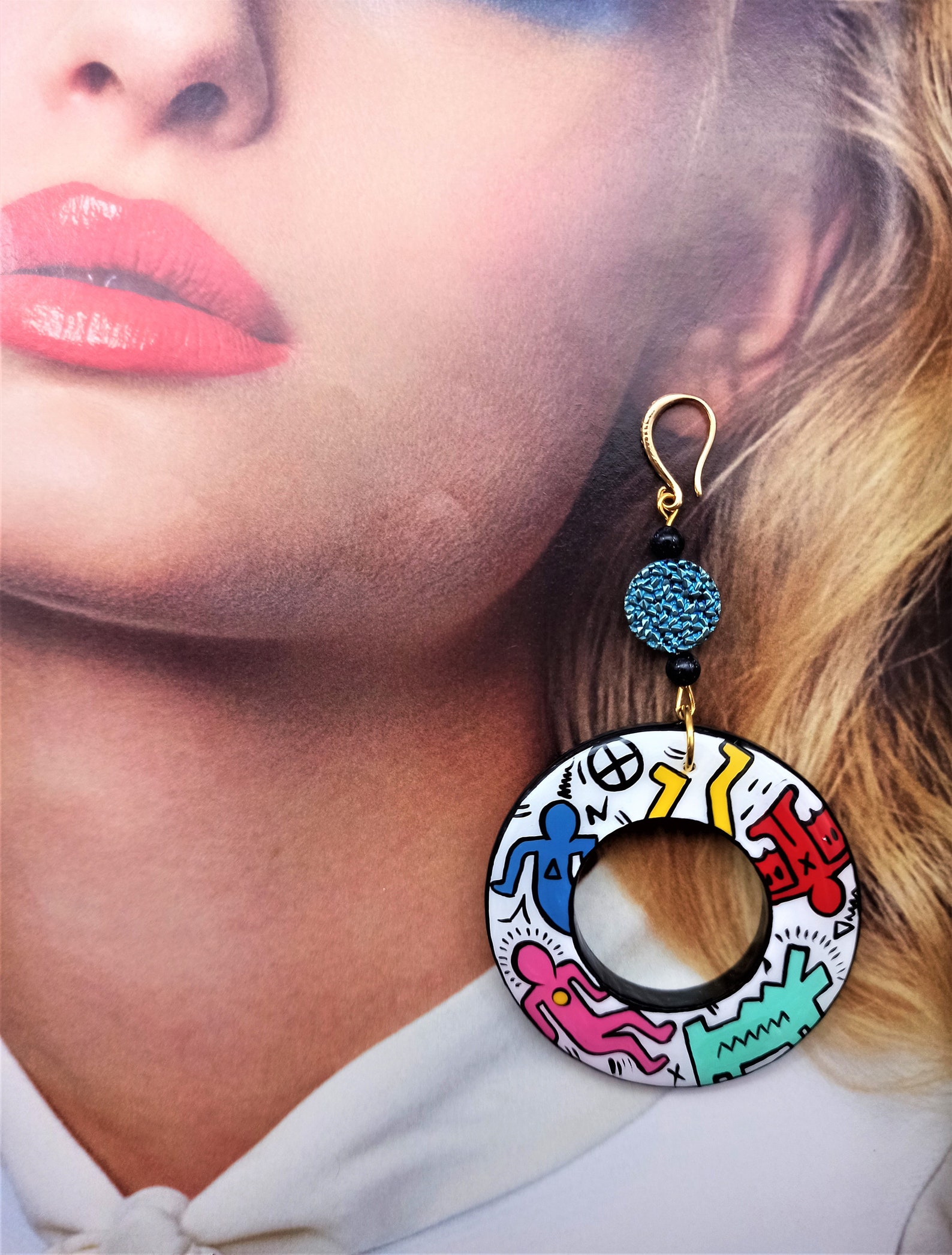 Wooden Painted Earrings Inspired by Keith Haring.donut Dangle | Etsy