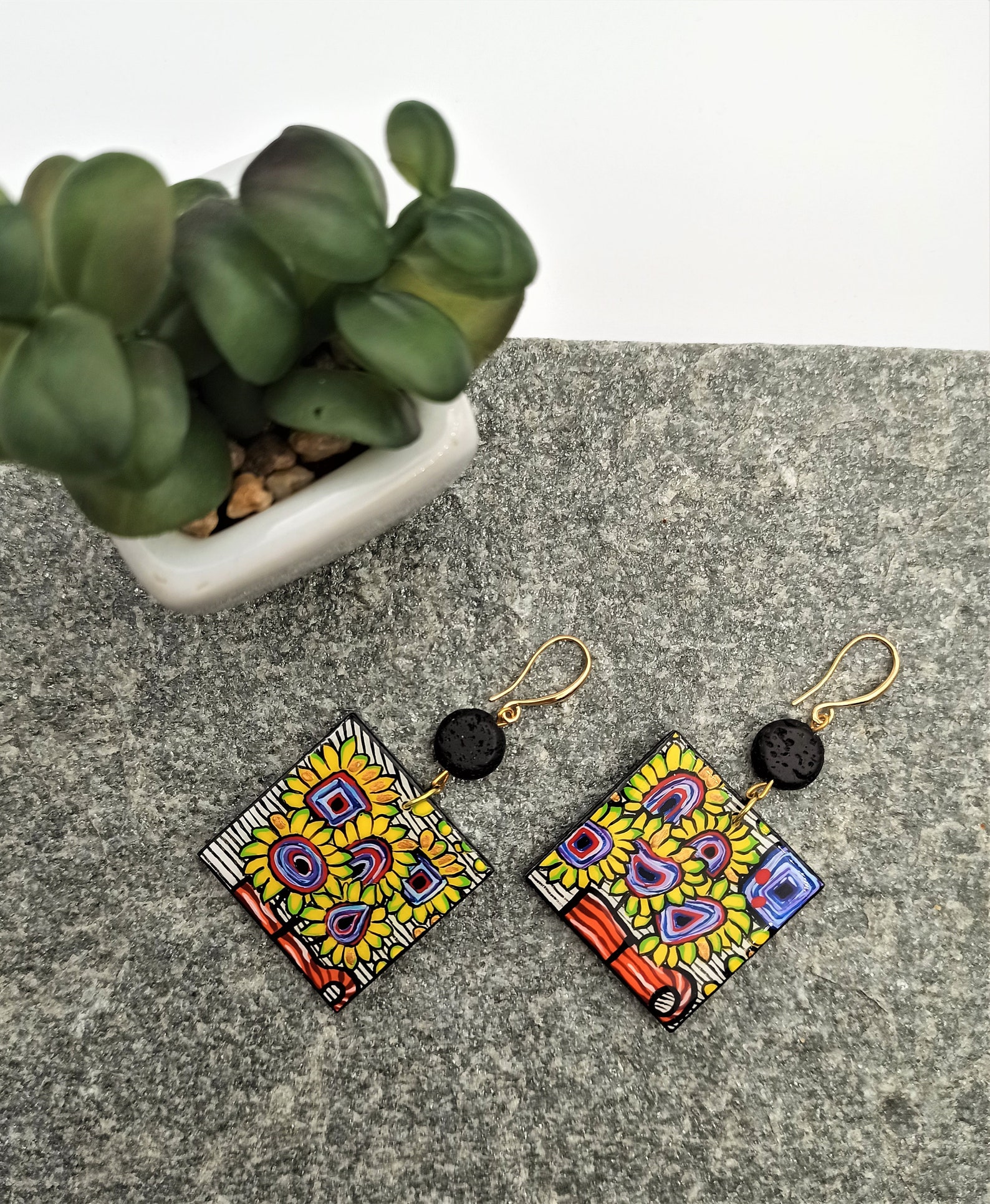 Painted Earrings From Wood Handmade Gold Yellow Orange Red Purple ...