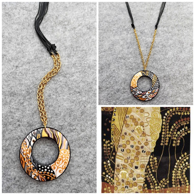 Painted Pendant From Wood Inspired by Gustav Klimt Art. Gold Black ...