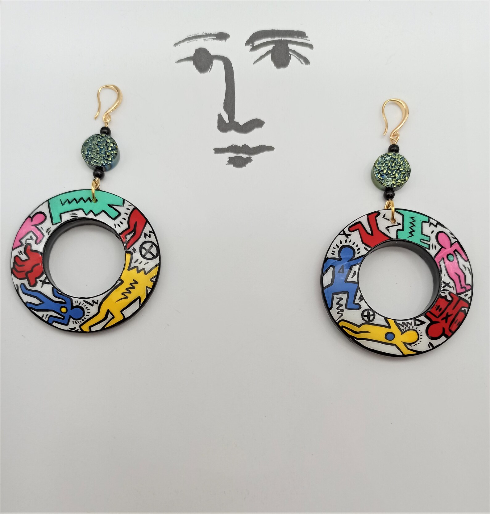 Wooden Painted Earrings Inspired by Keith Haring.donut Dangle - Etsy