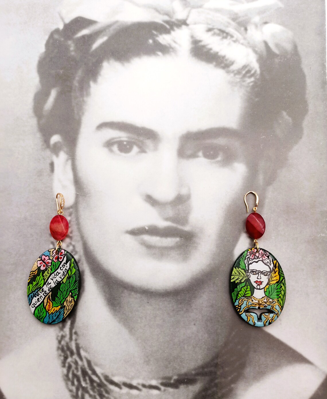Wooden Painted Earrings Inspired by Frida Kahlo Art. Dangle Statment ...