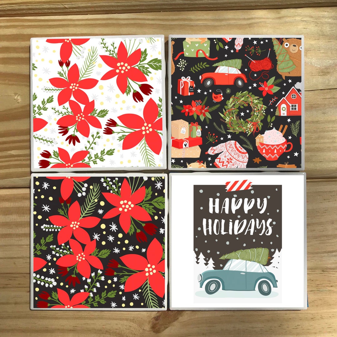 Happy Holidays | Poinsettias | Set of 4 | Christmas Coasters - Etsy