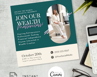 Wealth Masterclass Flyer Template - Editable Canva Design - Financial ...