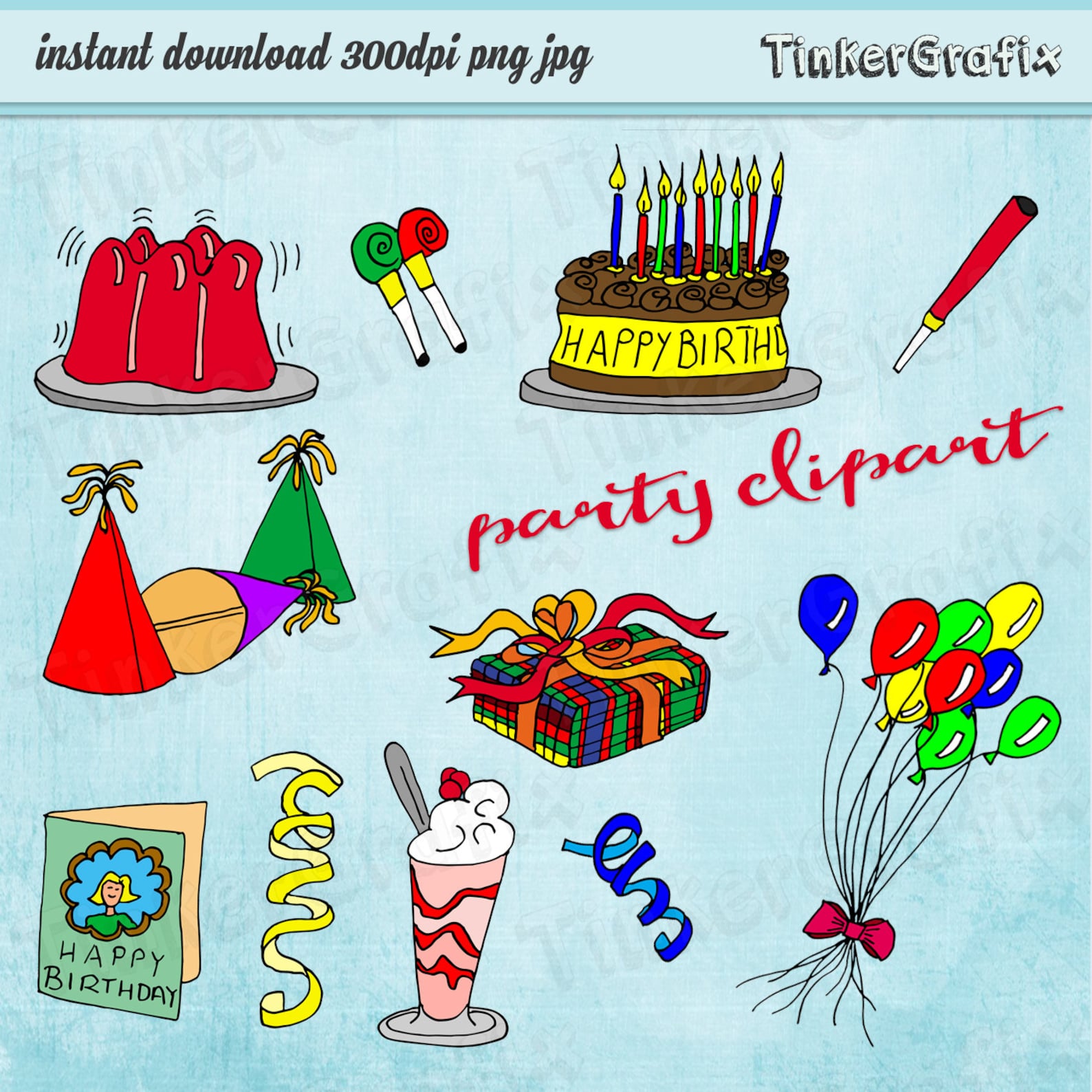 Birthday Party Clipart, Hand Drawn Graphics, Birthday Cake, Card ...