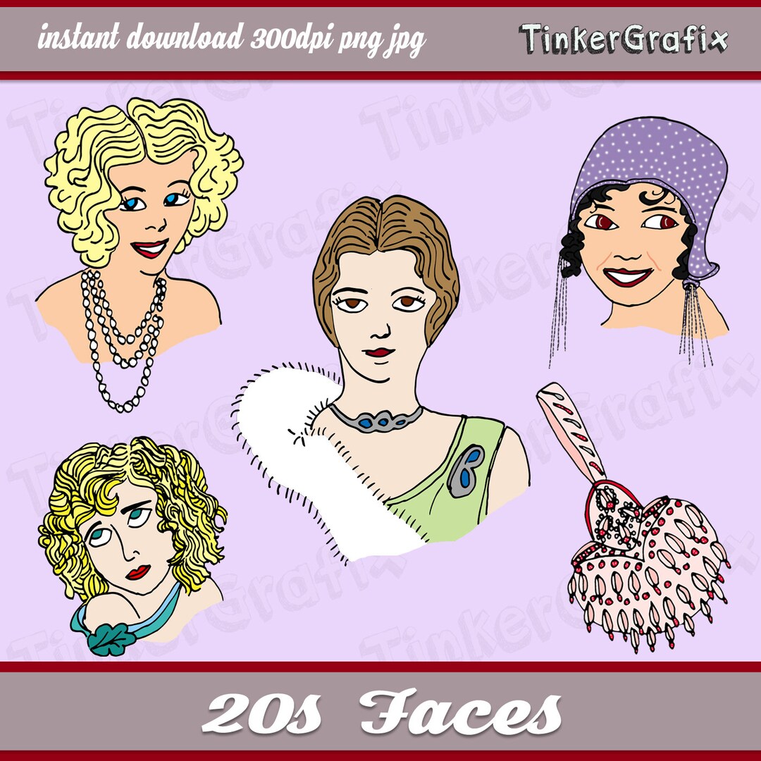 Hand Drawn 1920s Faces Clipart , 20s Art Deco Illustrations, Instant ...