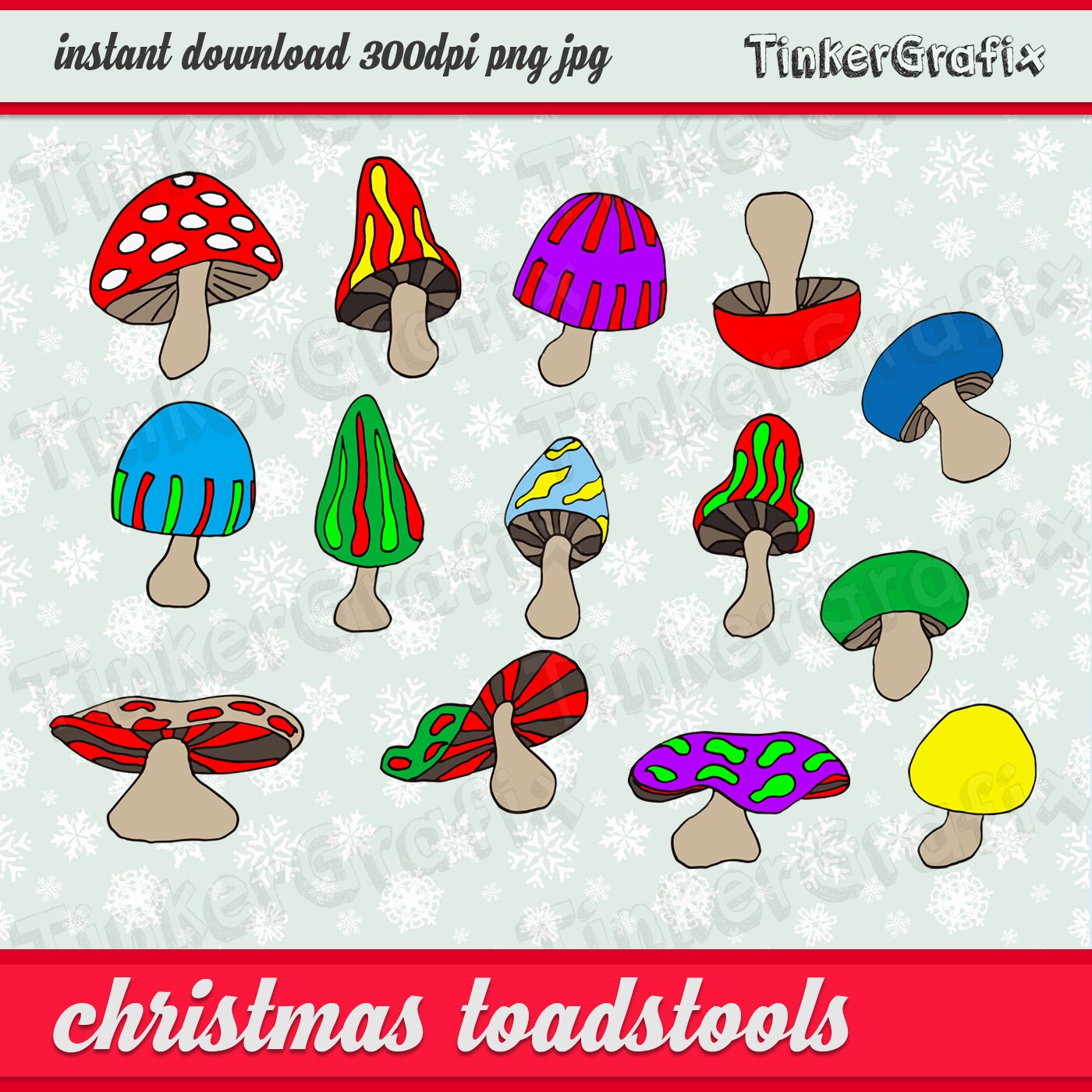 Hand Drawn Toadstools Clipart, Digital Clip Art, Printable Holiday ...