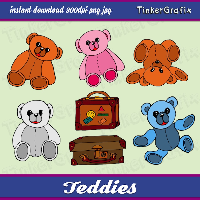 Hand Drawn Teddies Clipart, Cute Teddy Bears, Instant Download, Digital ...