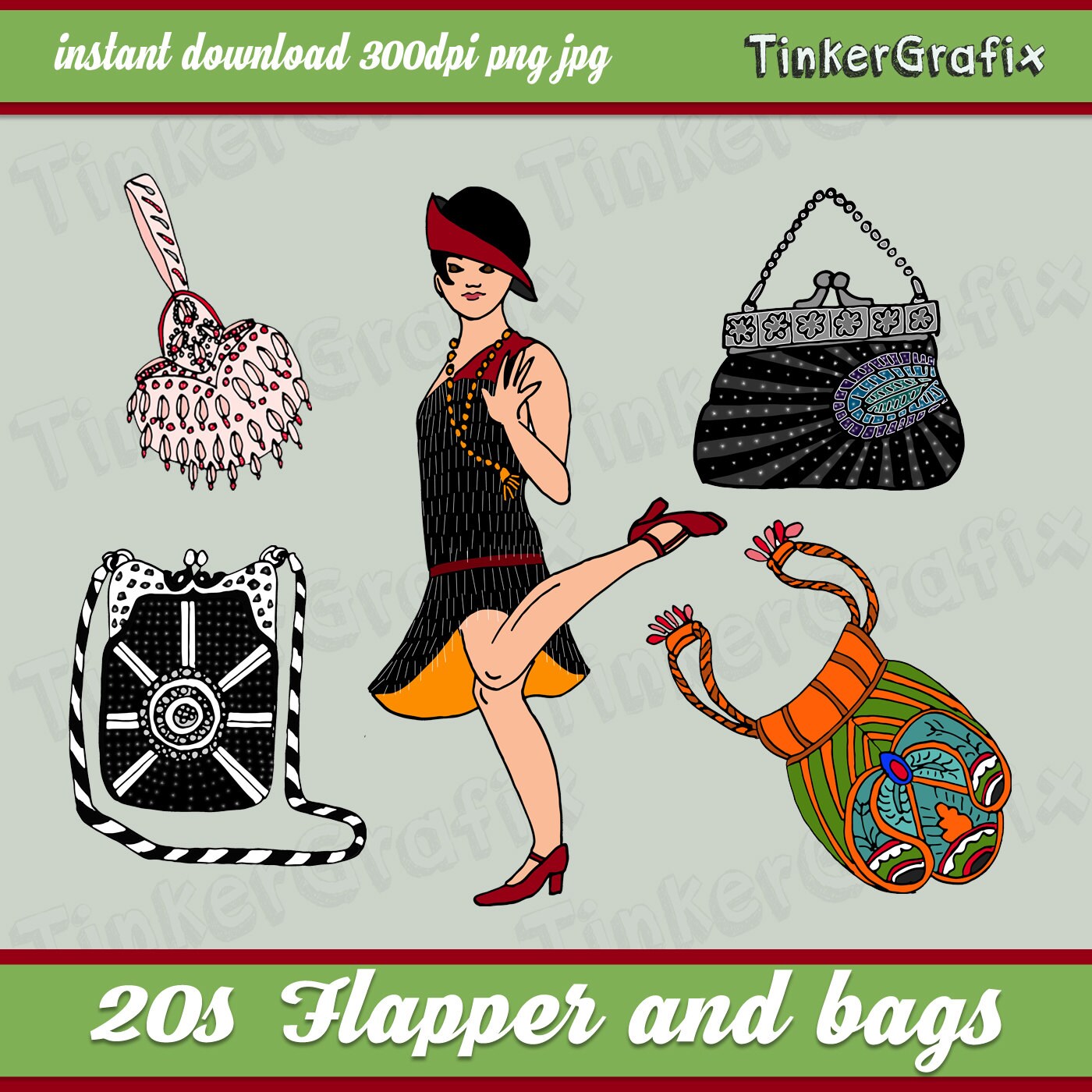 Hand Drawn 1920s Flapper and Handbags Clipart , 20s Art Deco ...