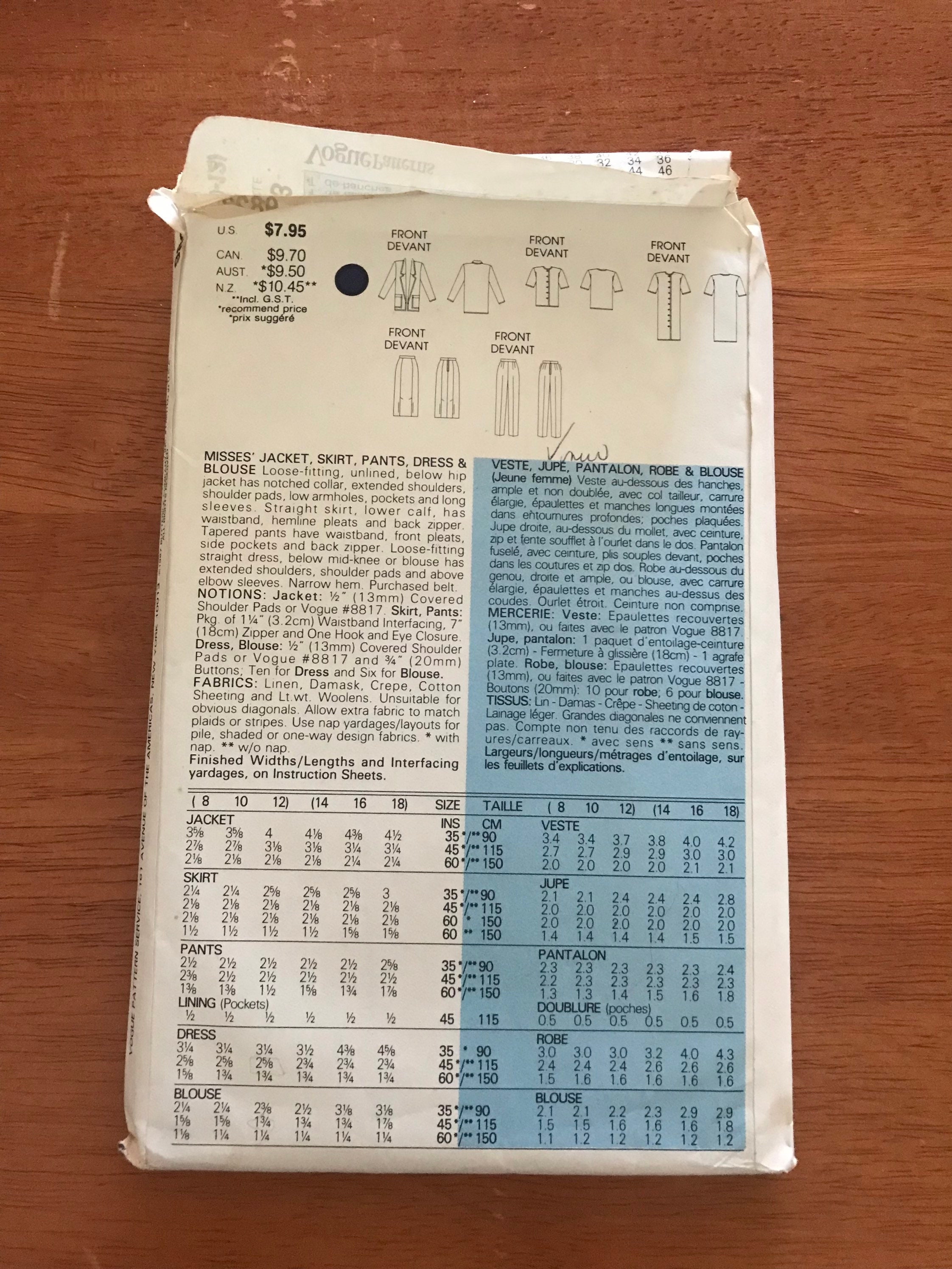 Vogue 9823 Sewing Pattern UNCUT FF Below Hip Jacket W Notched - Etsy