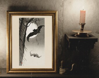 Japanese Bat Painting Full Moon Art Print Biho Takashi - Etsy