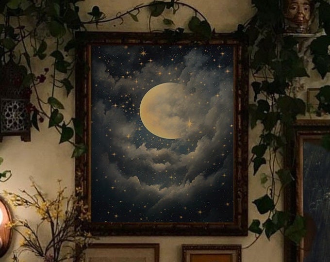 Vintage Moon Print, Night Sky Painting, Night Clouds Art, Moon and ...