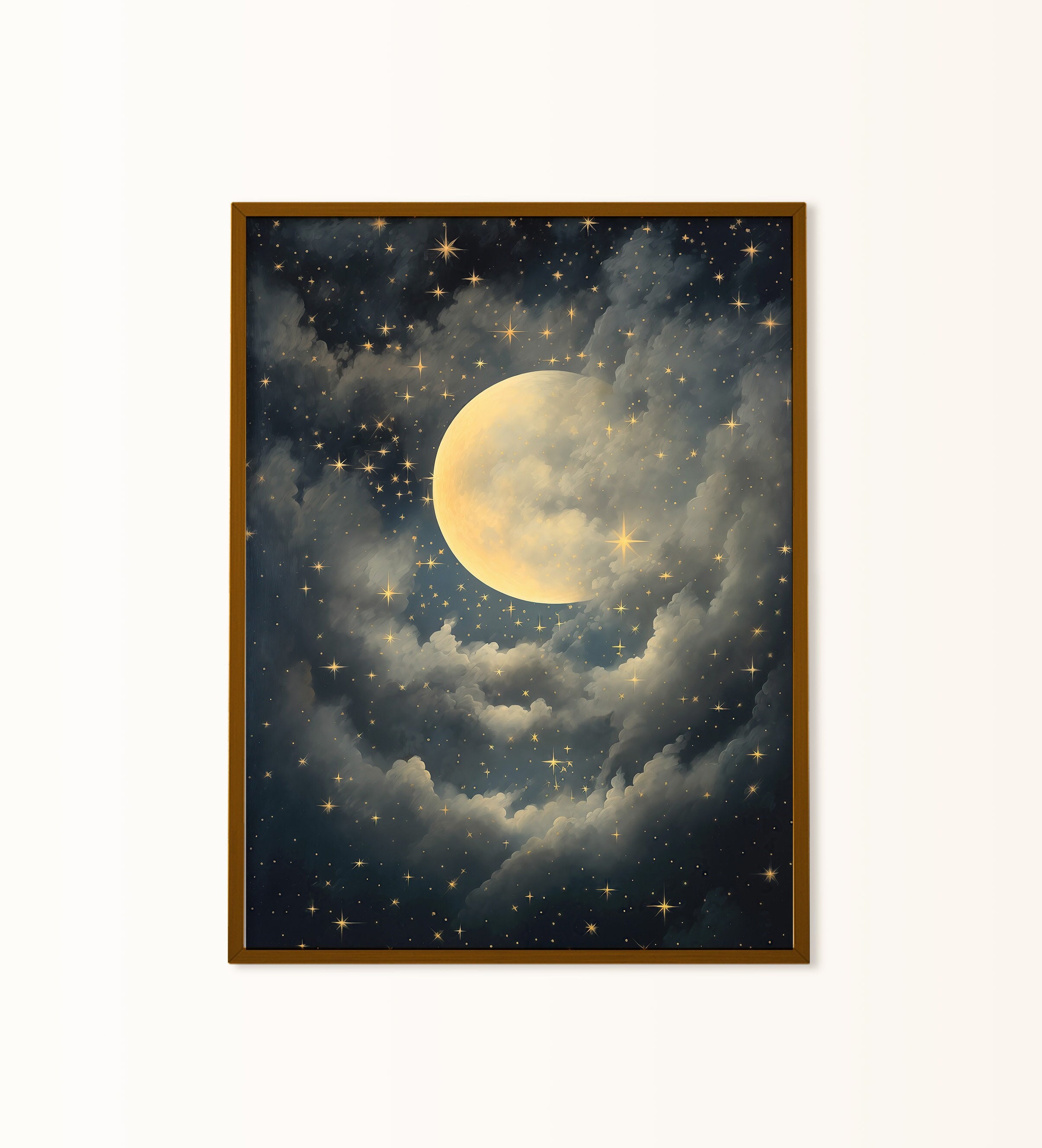 Vintage Moon Print, Night Sky Painting, Night Clouds Art, Moon and ...