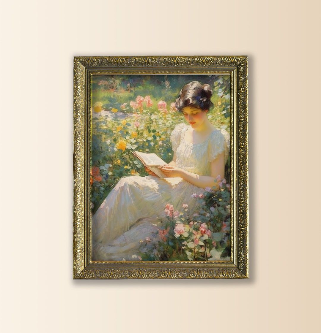 Framed Woman Reading Print, Woman in the Garden, Vintage Framed Wall ...