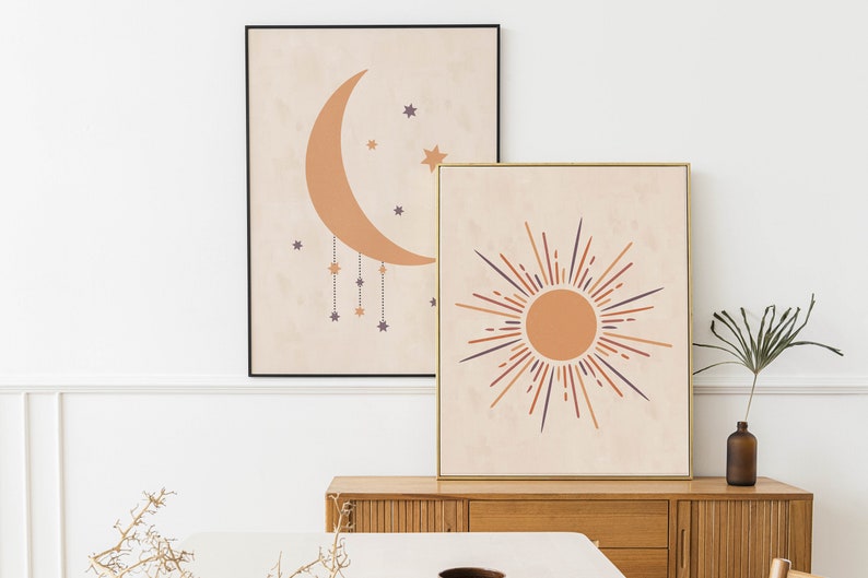 Boho SUN AND MOON Print Set of 2, Cottagecore Art, Boho Sun Print, Moon ...