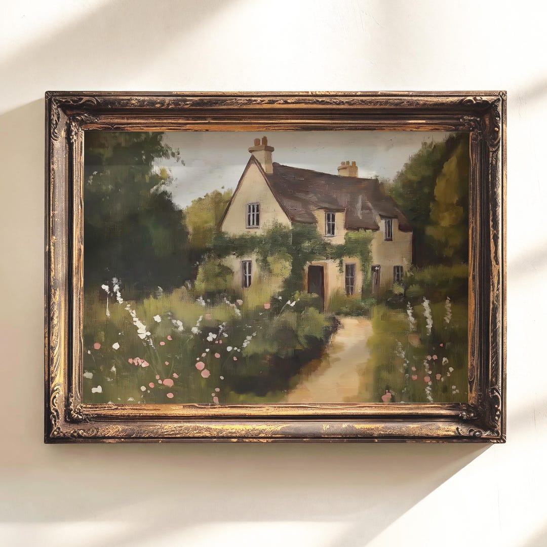 Vintage English Countryside Cottage Painting, Vintage Landscape Print ...