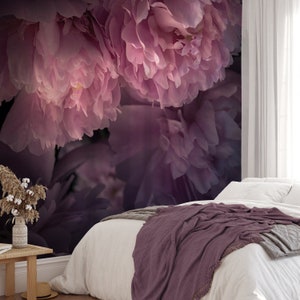 Dark Peony Wallpaper, Peony Wall Mural, Accent Wall Bedroom, Dark ...
