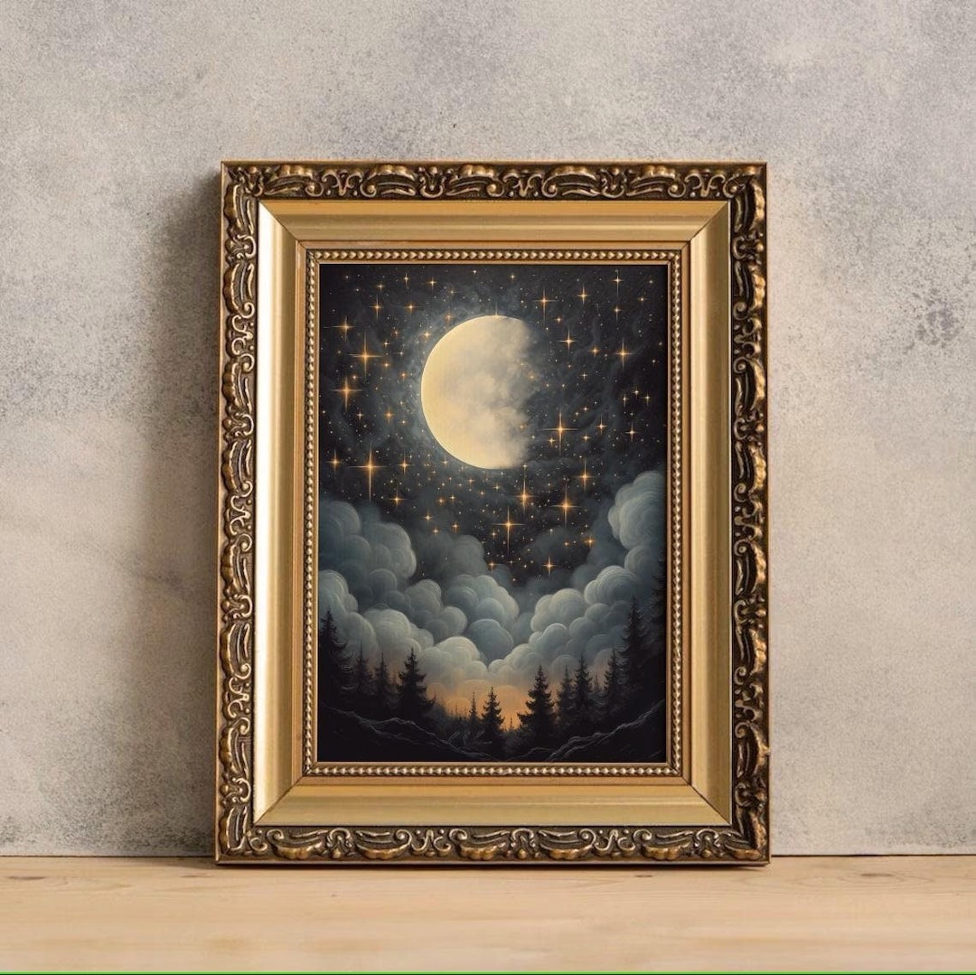 Full Moon Print, Night Clouds Art, Moon and Stars Wall Decor, Vintage ...