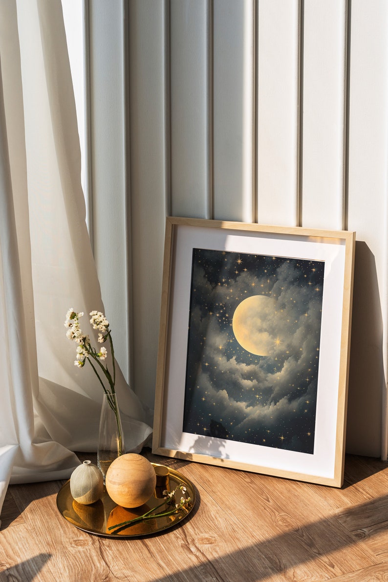 Vintage Moon Print, Night Sky Painting, Night Clouds Art, Moon and ...