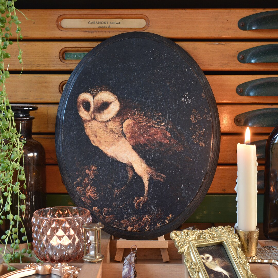 Dark Cottagecore Wall Art, Owl Wall Plaque, Wooden Plaque, Owl Painting, Oval Owl Art, Oval Wall ...