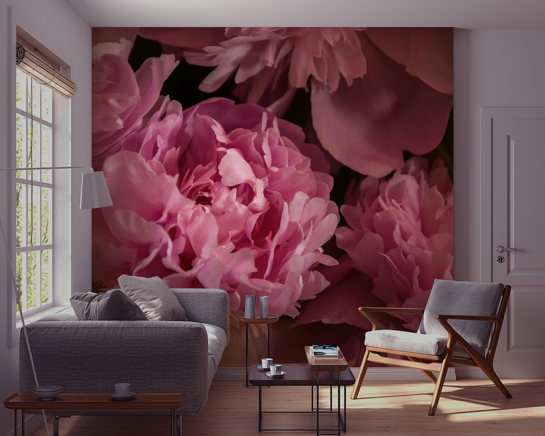 Peony Wall Mural Dark Peony Wallpaper Dark Floral Wallpaper - Etsy