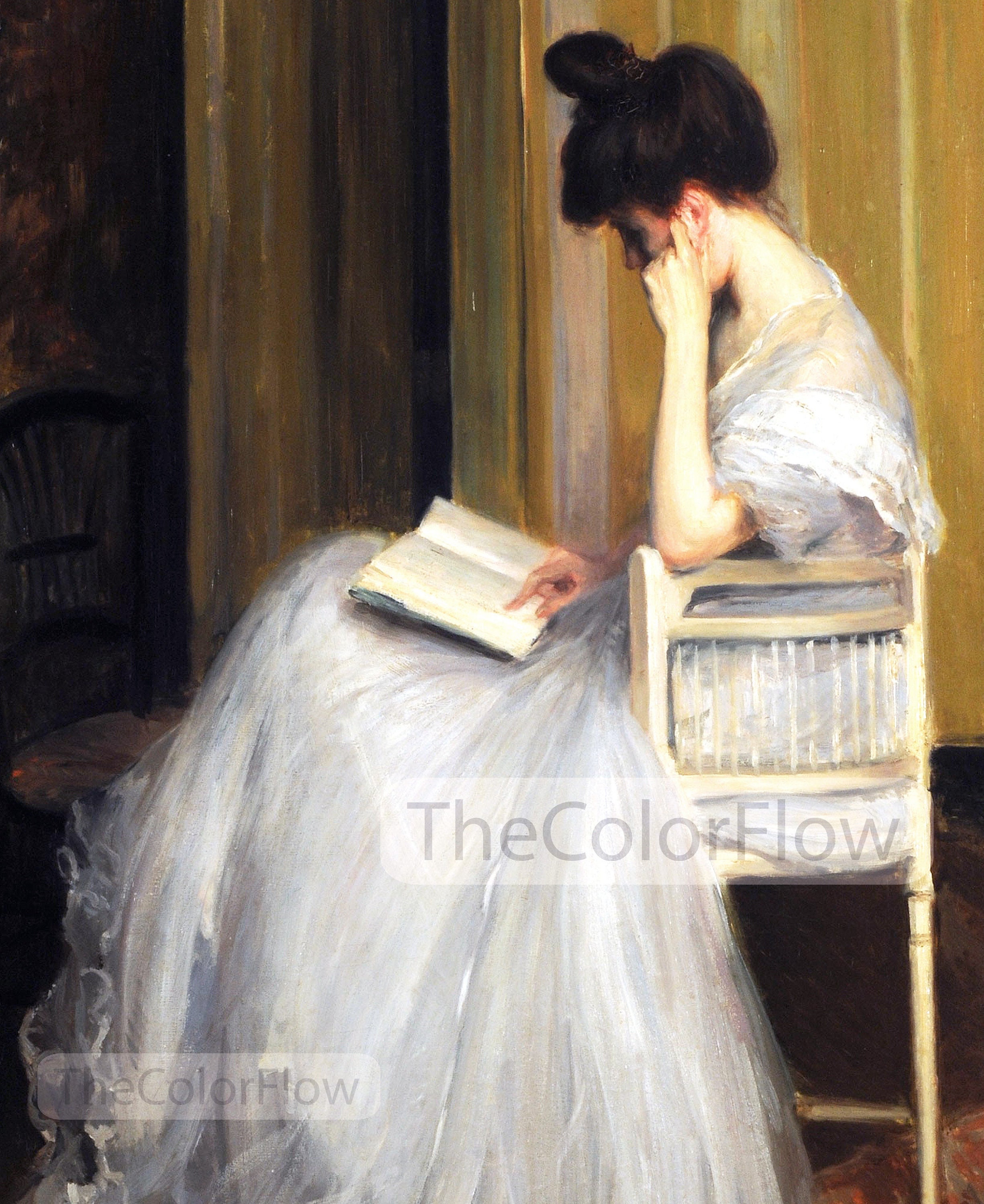 Vintage Woman Painting, Reading a Book, Moody Romantic Dark Room Decor ...
