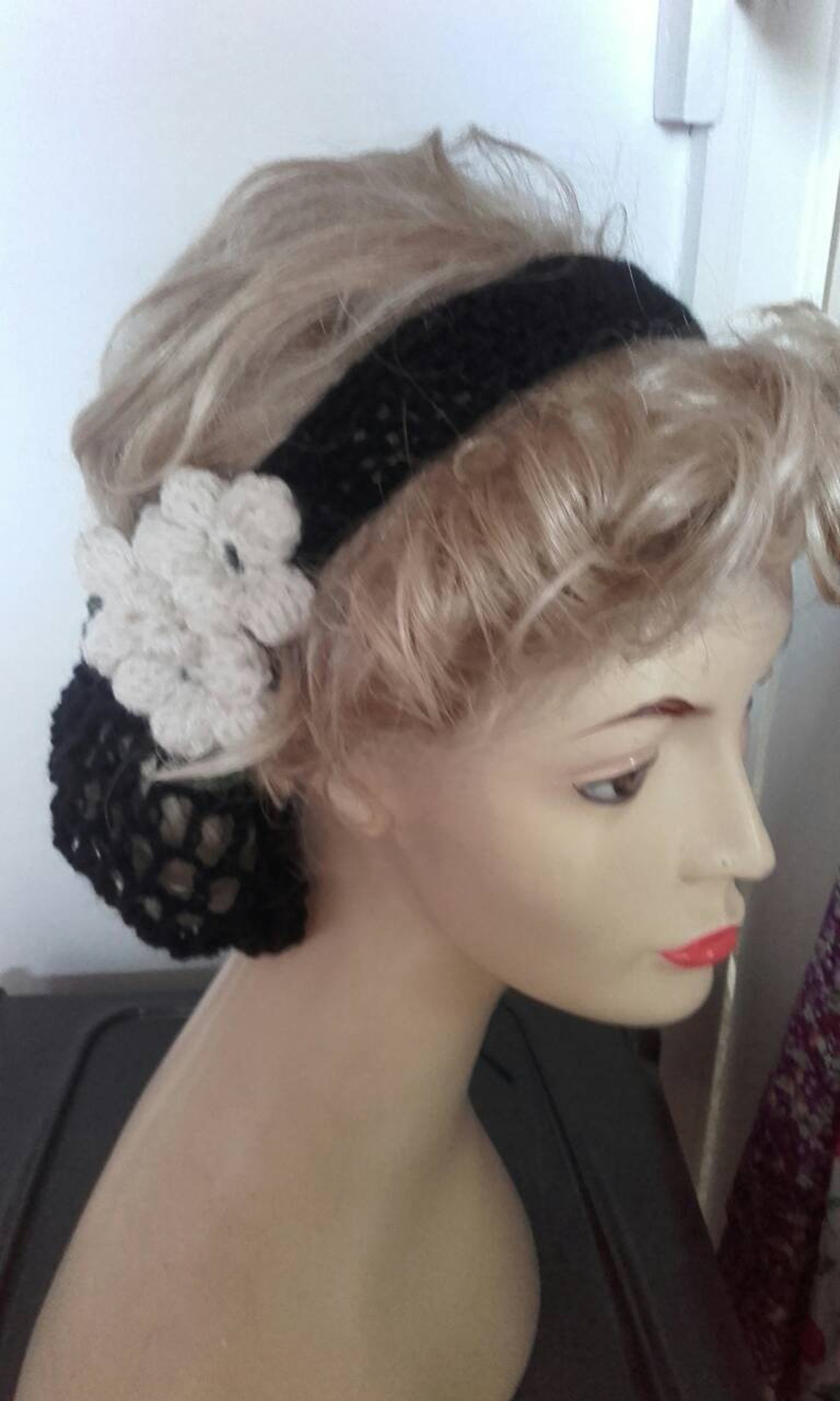 1940s Black Snood, Vintage Snood Handmade Crochet, Hair Flower, Black ...