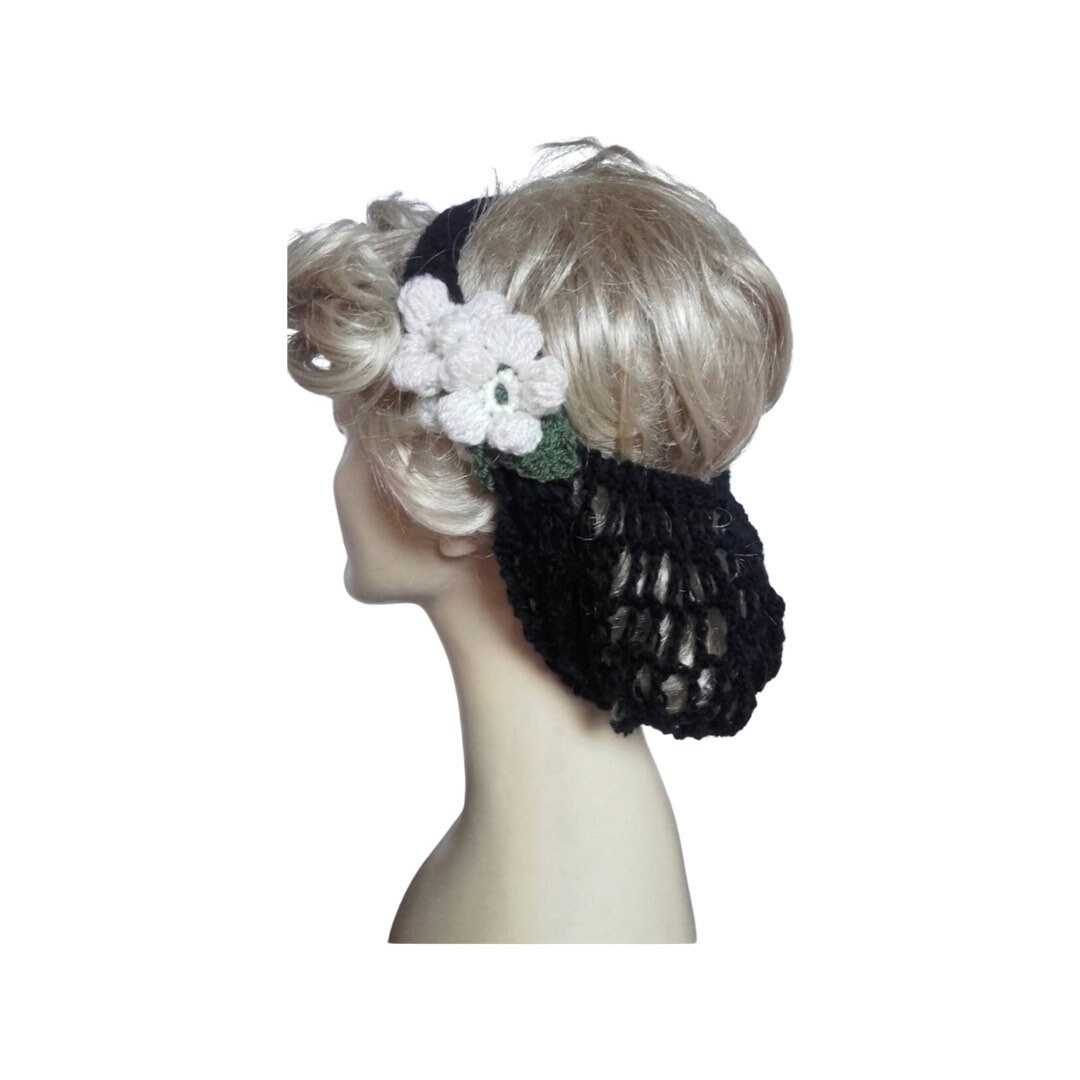 1940s Black Snood, Vintage Snood Handmade Crochet, Hair Flower, Black ...