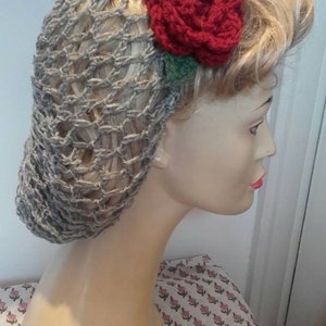 Crochet Snood, Silver Snood, Grey Snood, Rose Hair Flower, Wartime Hair ...