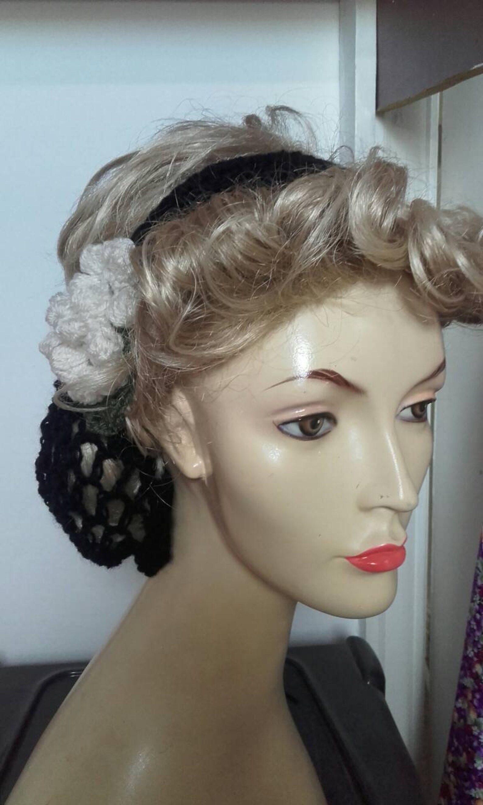 1940s Black Snood, Vintage Snood Handmade Crochet, Hair Flower, Black ...
