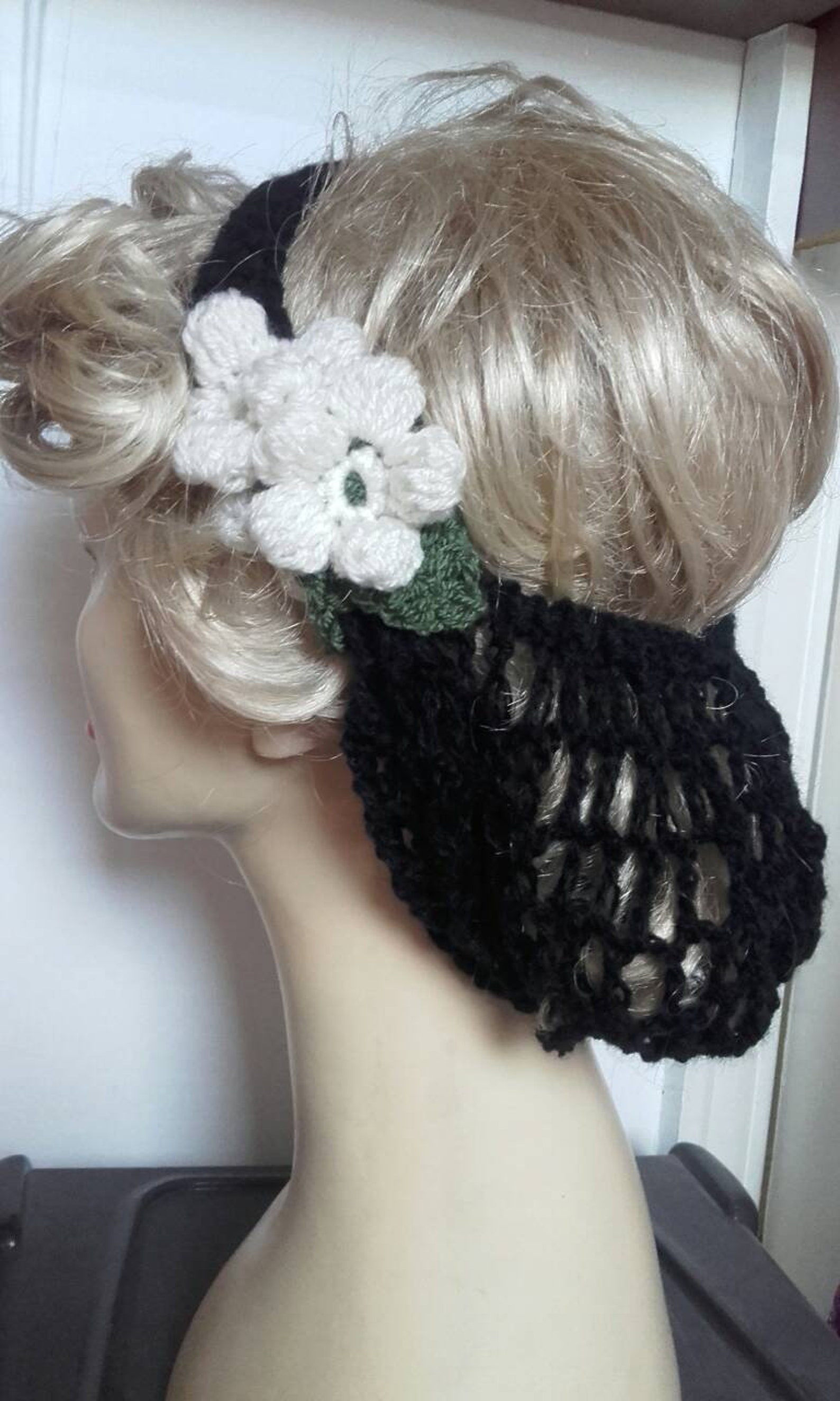 1940s Black Snood, Vintage Snood Handmade Crochet, Hair Flower, Black ...