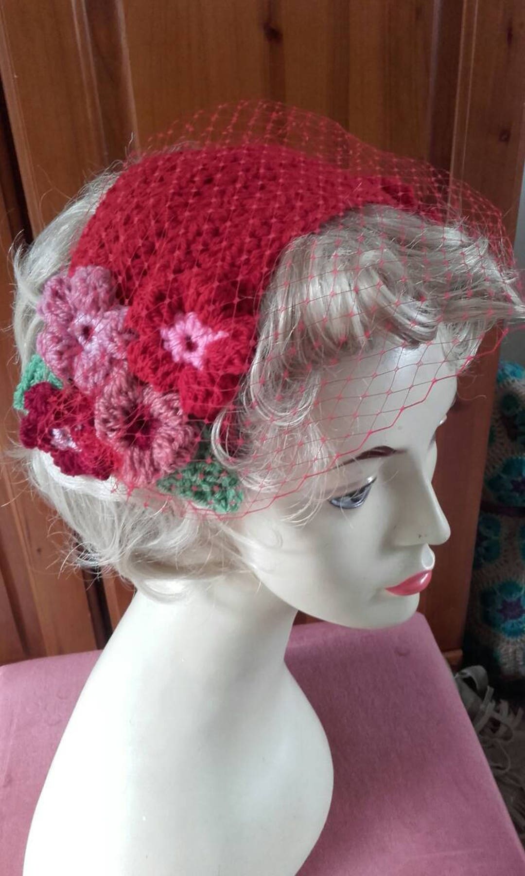 Half Hat, Fascinator, 1940's Hat, 1950's Hat,red Flowers, Net, Wedding ...
