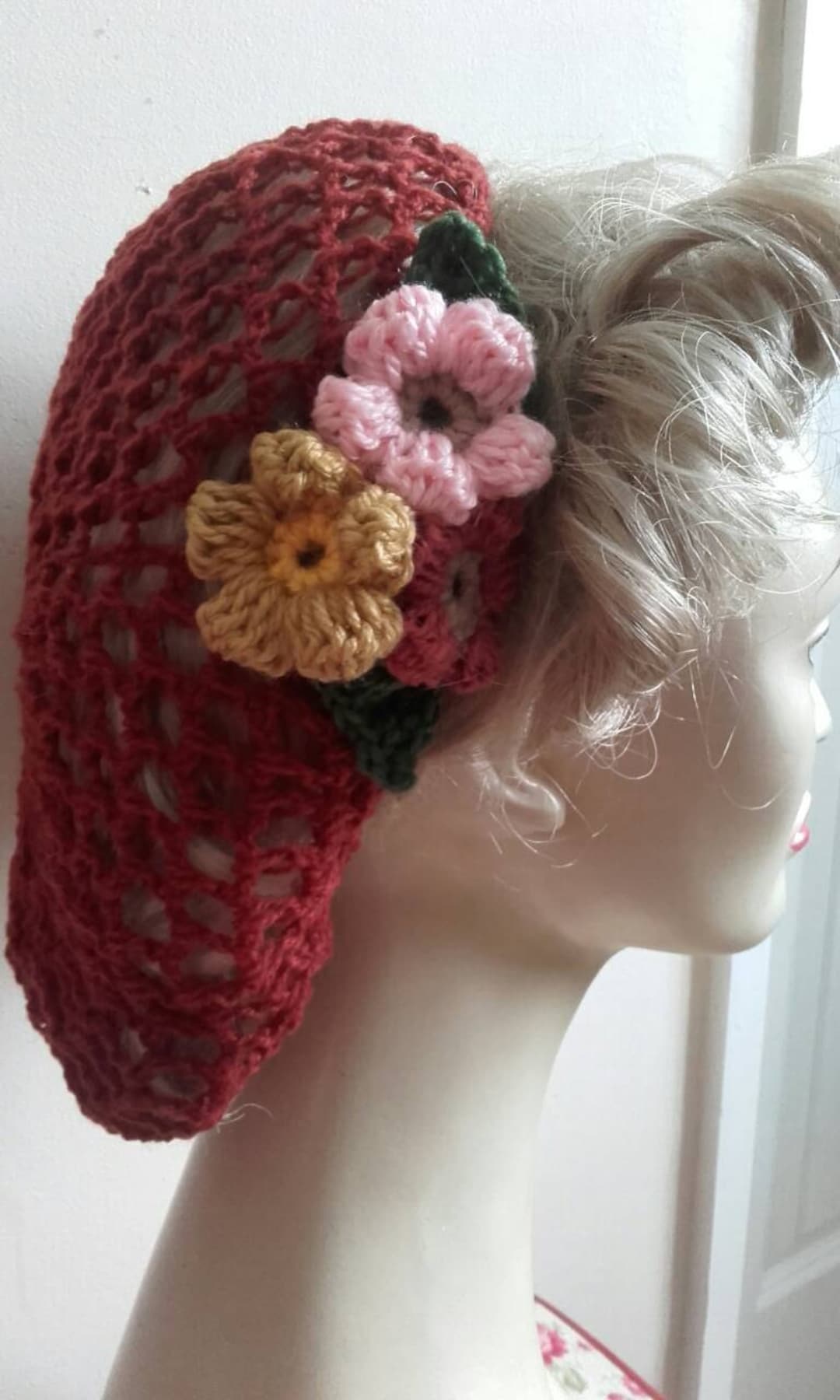 Wartime 1940's Snood, Vintage Style, Handmade, Crochet, Flowers Rust ...
