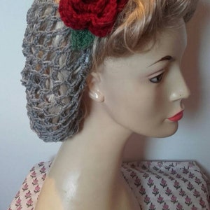 Crochet Snood, Silver Snood, Grey Snood, Rose Hair Flower, Wartime Hair ...