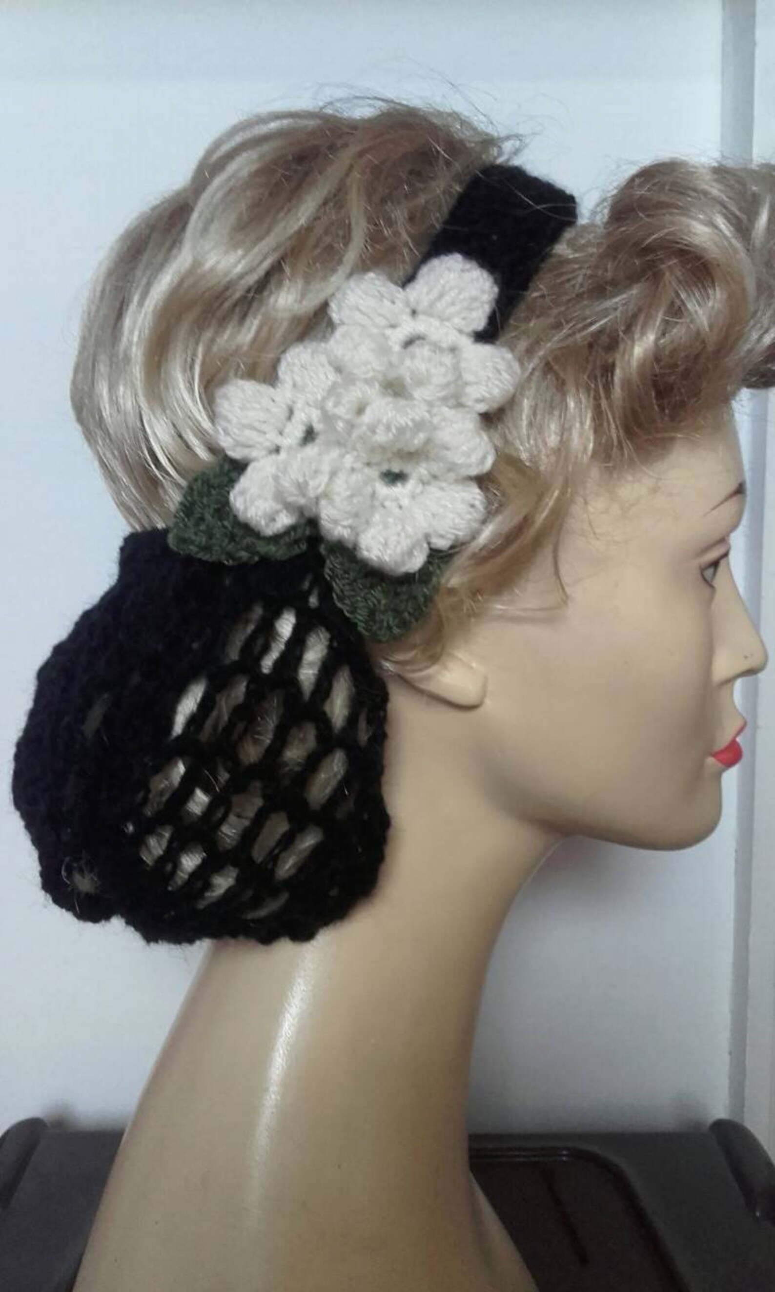 1940s Black Snood, Vintage Snood Handmade Crochet, Hair Flower, Black ...