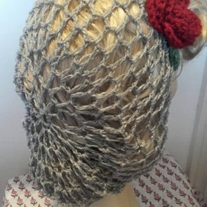 Crochet Snood, Silver Snood, Grey Snood, Rose Hair Flower, Wartime Hair ...