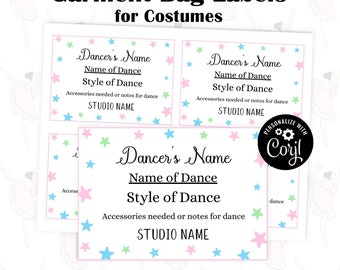 Dance Costume Cards, Printable Garment Bag Labels for Dance Cheer ...