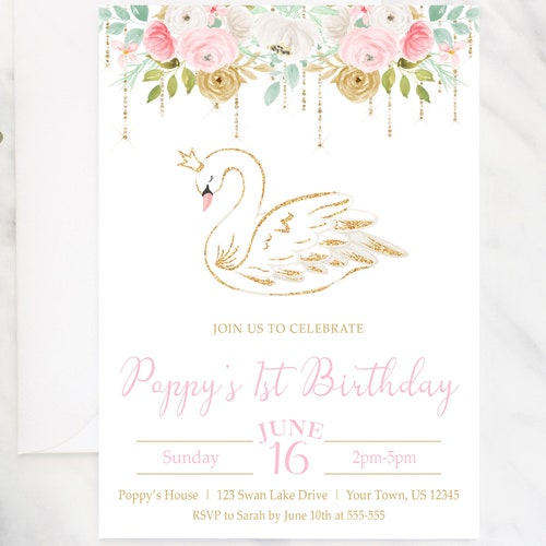Floral Swan Birthday Invitation Peach Watercolor Pink - Etsy