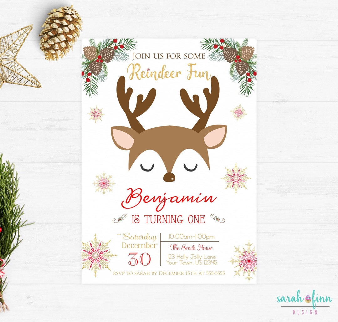 Reindeer Birthday Party Invitation BOY Christmas Birthday Invite Our ...