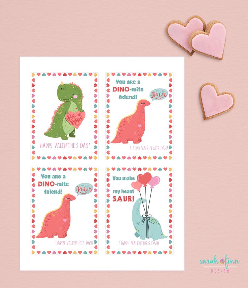 Dinosaur Kids Valentines Day Cards Dino School Valentine's Friend ...