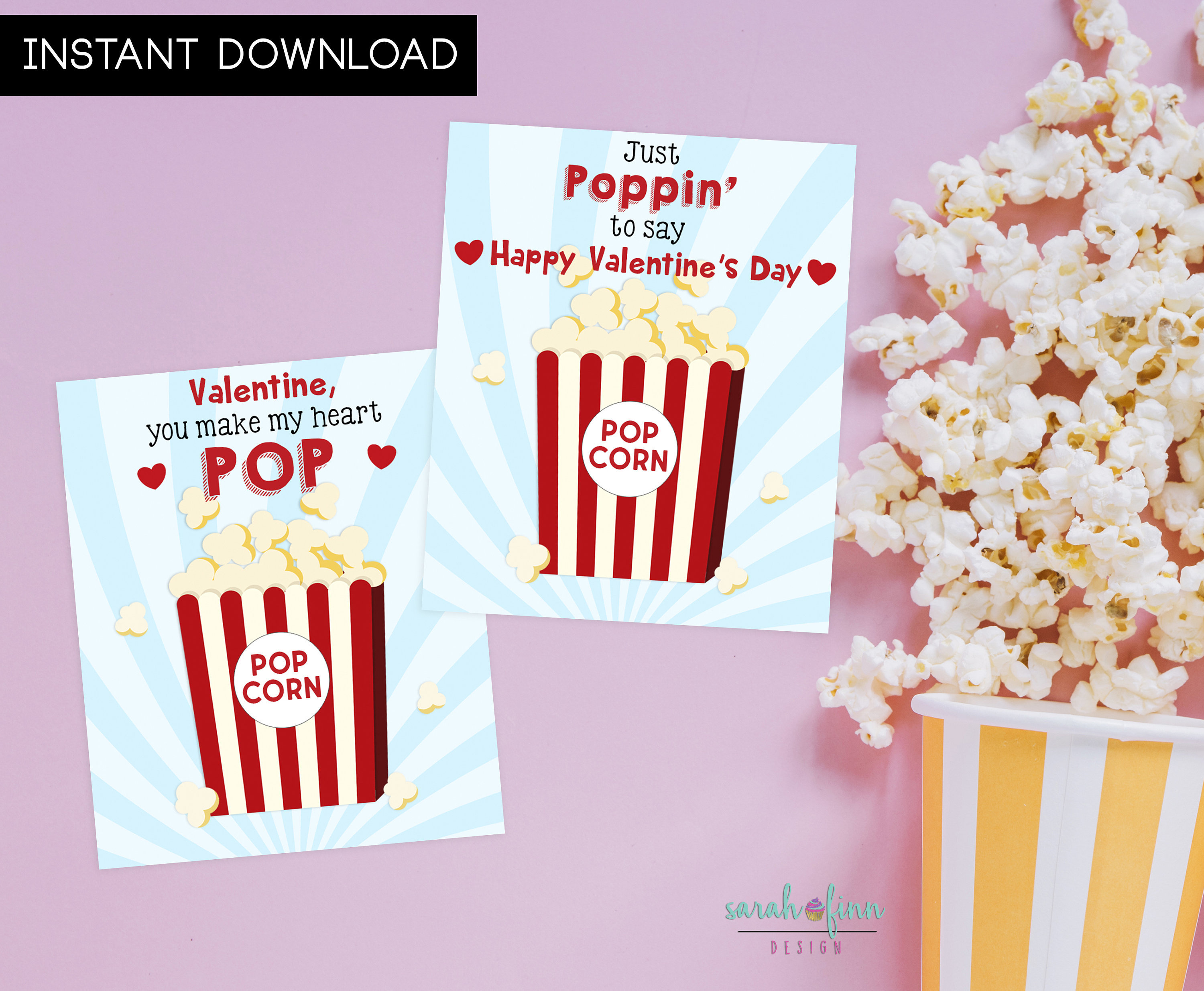 Popcorn Valentine Cards INSTANT DOWNLOAD Printable Kids Heart | Etsy