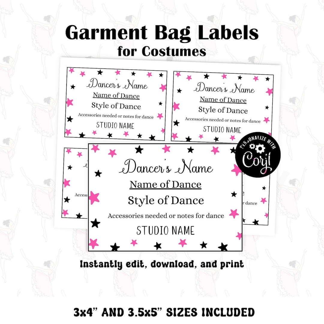 Dance Costume Labels Printable Garment Bag Labels for Dance Cheer ...