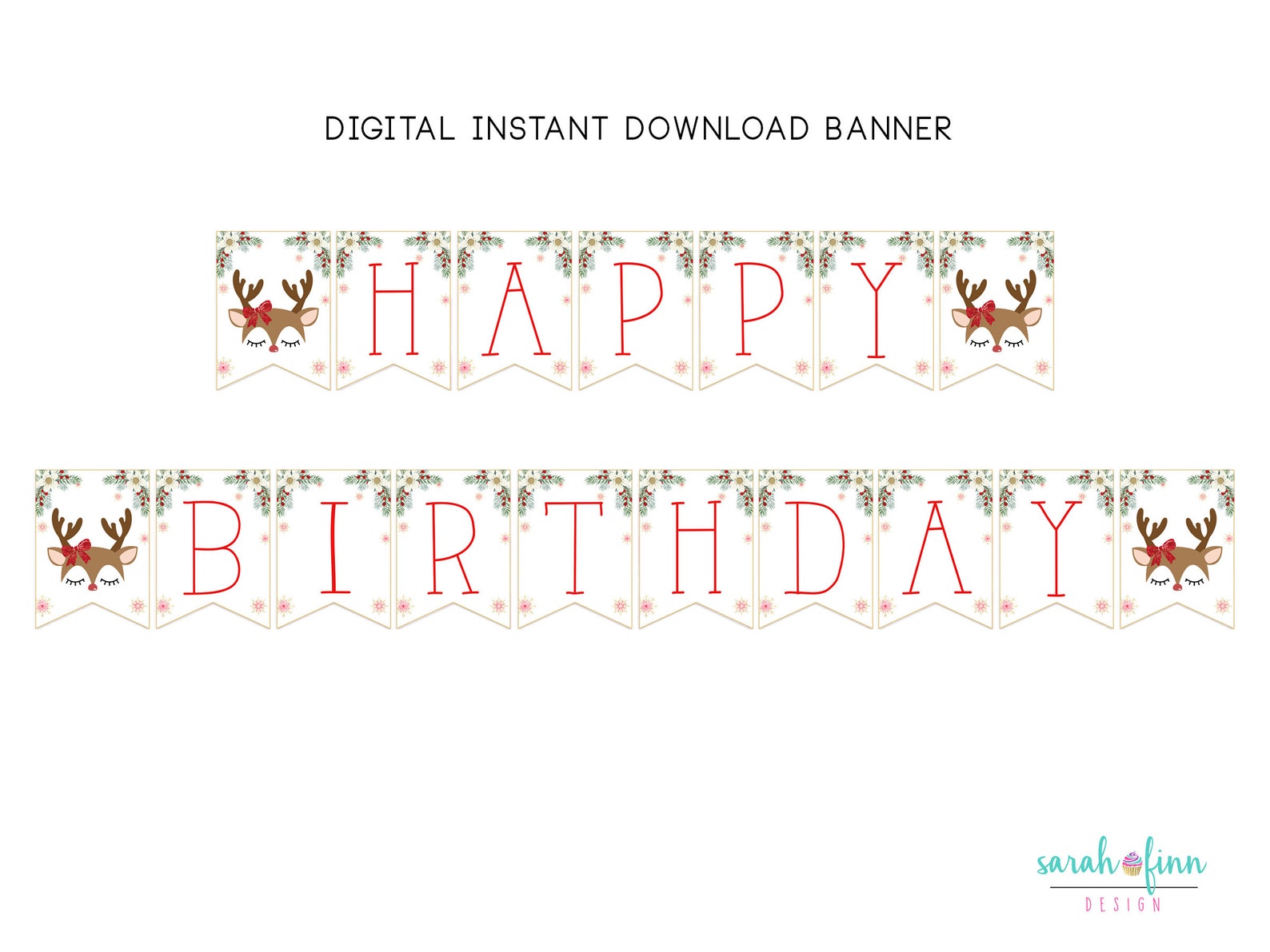 Reindeer Happy Birthday Banner Printable Girl Deer Instant - Etsy