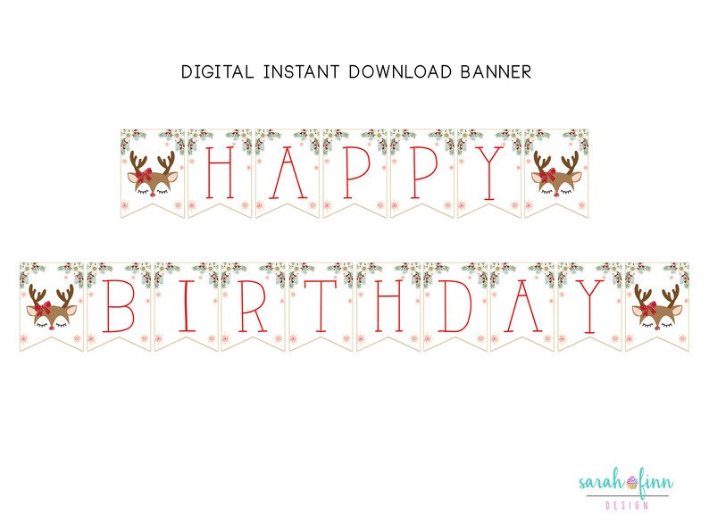 Reindeer Happy Birthday Banner Printable Girl Deer Instant - Etsy